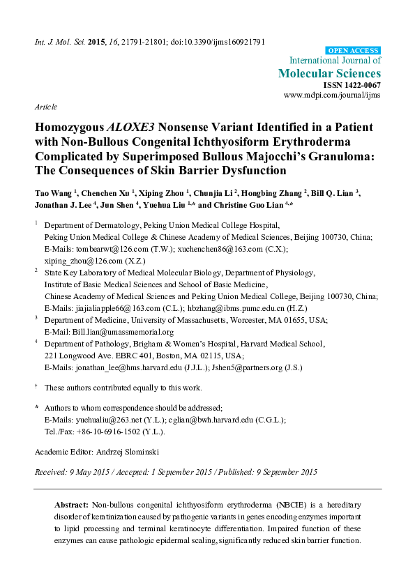 (PDF) Homozygous ALOXE3 Nonsense Variant Identified in a Patient with ...