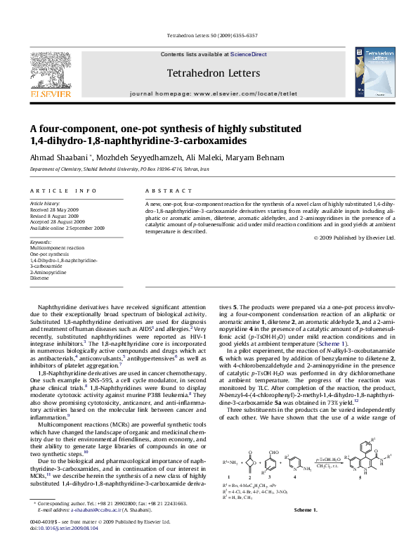 (PDF) A four-component, one-pot synthesis of highly substituted 1,4 ...