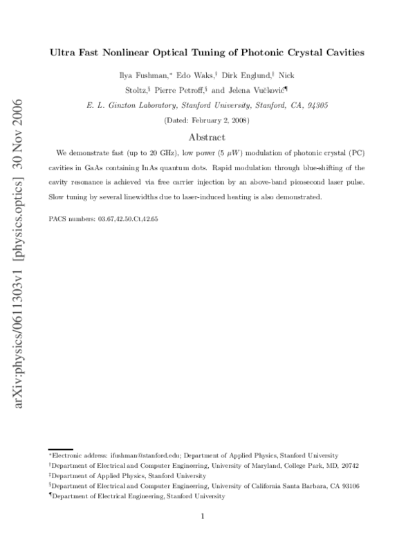 (PDF) Ultra Fast Nonlinear Optical Tuning of Photonic Crystal Cavities