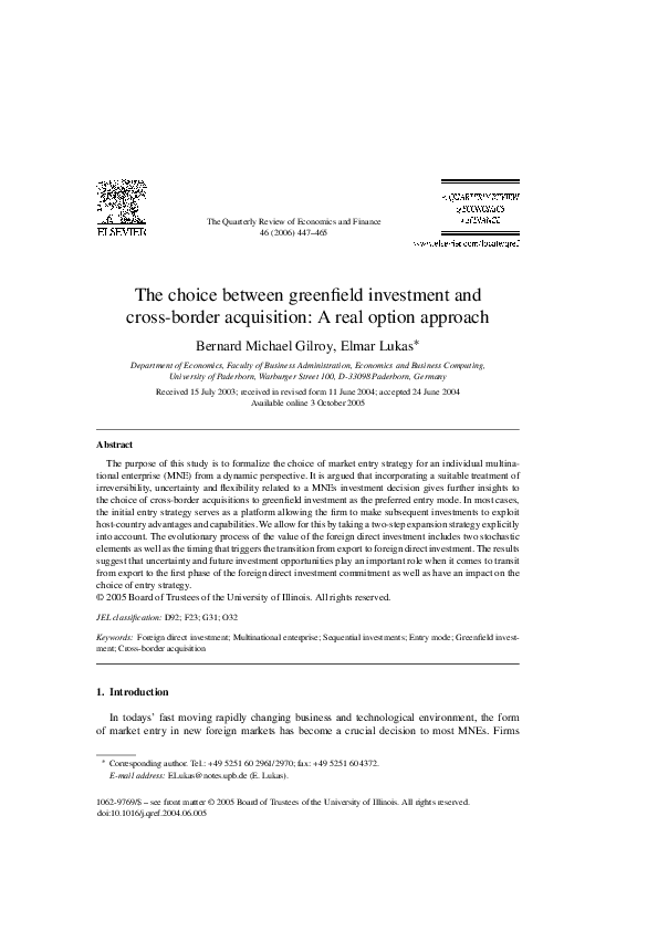 (PDF) The Choice between Greenfield Investment and Cross-border Acquisition: A Real Option Approach