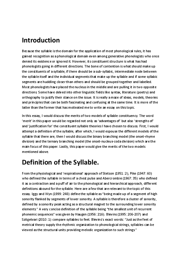 (PDF) The Onset Rhyme Versus The Onset Nucleus Coda Syllable Models