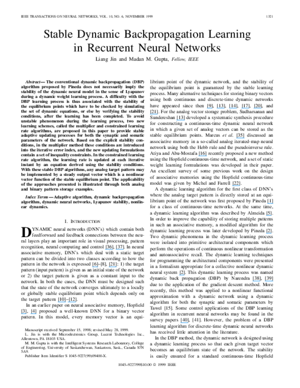 (PDF) Stable dynamic backpropagation learning in recurrent neural networks