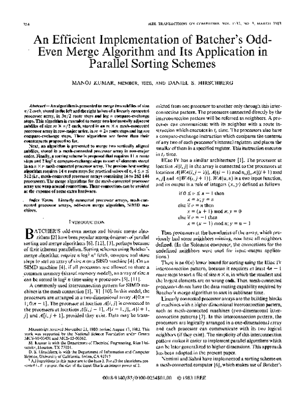 Pdf An Efficient Implementation Of Batchers Odd Even Merge Algorithm