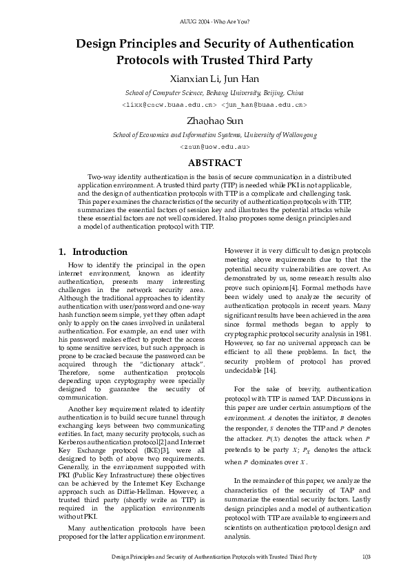 Pdf Design Principles And Security Of Authentication Protocols With Trusted Third Party