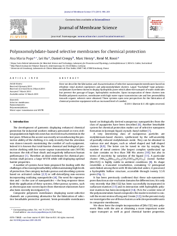(PDF) Polyoxomolybdate-based selective membranes for chemical protection