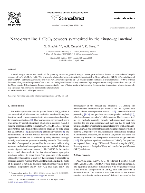 (PDF) Nanocrystalline LaFeO 3 powders synthesized by the citrate–gel method