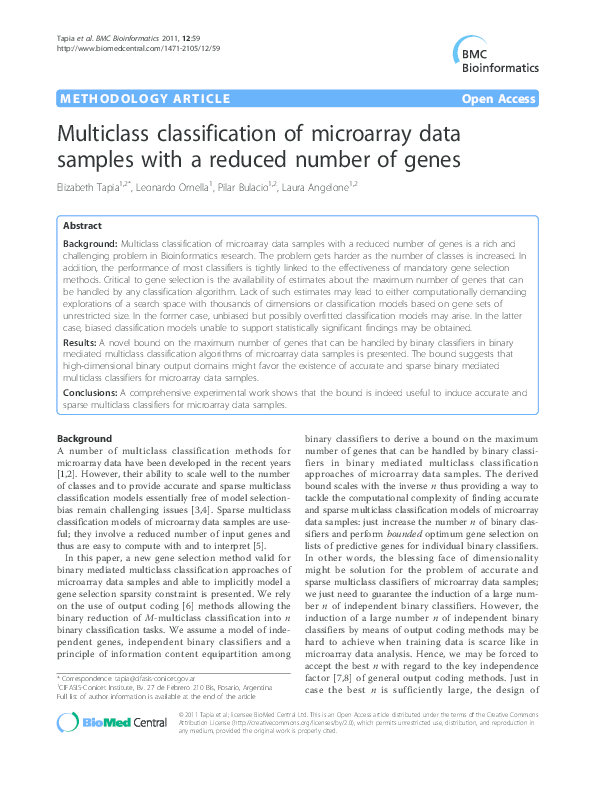 (PDF) Multiclass classification of microarray data samples with a reduced number of genes