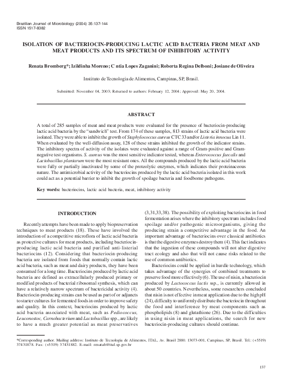 (PDF) Isolation of bacteriocin-producing lactic acid bacteria from meat and meat products and ...