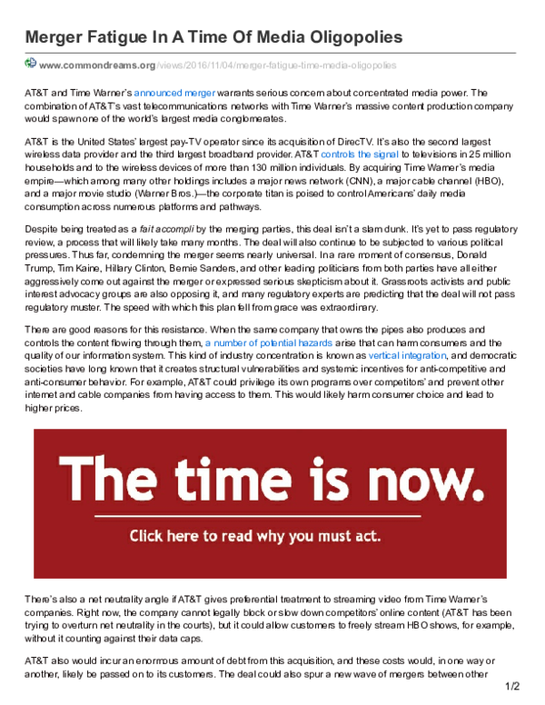 (PDF) Merger Fatigue In A Time Of Media Oligopolies