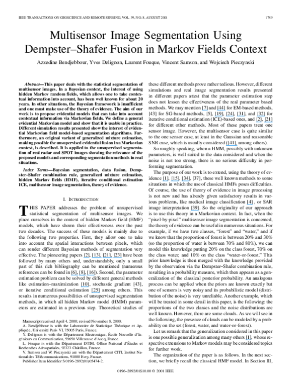 Pdf Multisensor Image Segmentation Using Dempster Shafer Fusion In Markov Fields Context