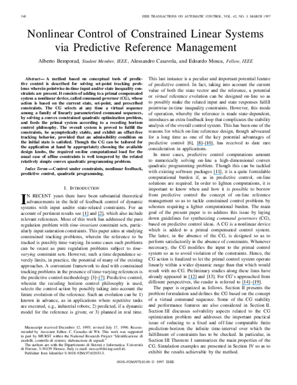 (PDF) Nonlinear control of constrained linear systems via predictive reference management