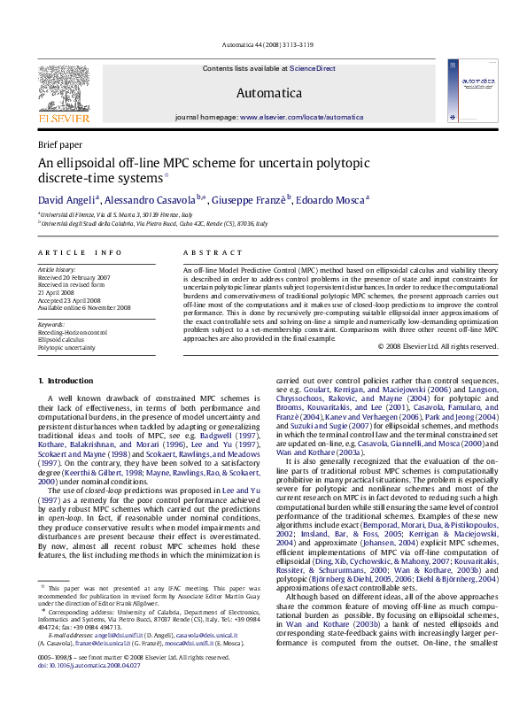 Pdf An Ellipsoidal Off Line Mpc Scheme For Uncertain Polytopic Discrete Time Systems