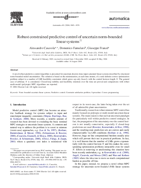 (PDF) Robust constrained predictive control of uncertain norm-bounded ... (PDF) Robust constrained predictive control of uncertain norm-bounded ...