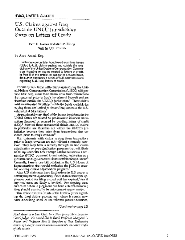 (PDF) US Claims Against Iraq Outside UNCC Jurisdiction Focus on Letters ...