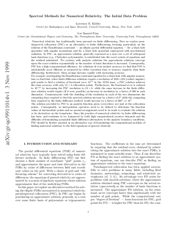 Pdf Spectral Methods For Numerical Relativity The Initial Data Problem