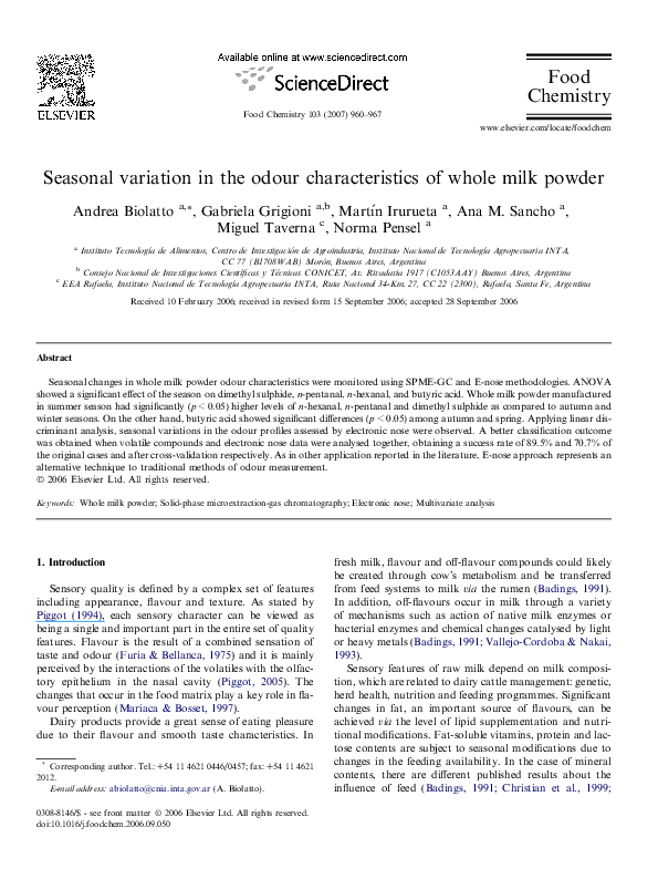 (PDF) Seasonal variation in the odour characteristics of whole milk powder