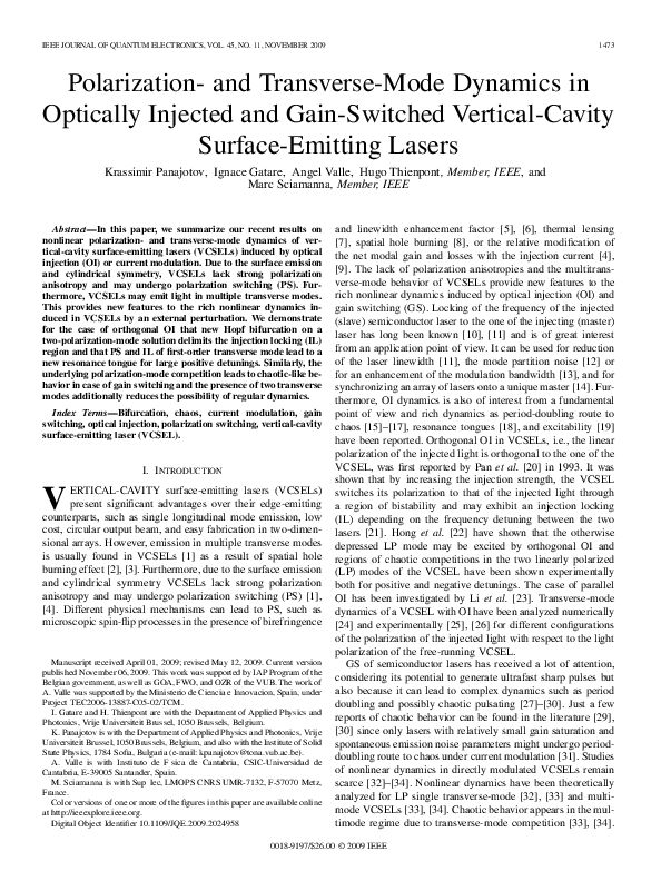 Pdf Polarization And Transverse Mode Dynamics In Optically Injected
