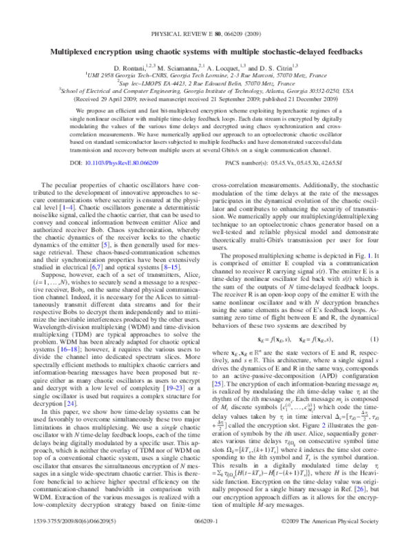 Pdf Multiplexed Encryption Using Chaotic Systems With Multiple Stochastic Delayed Feedbacks