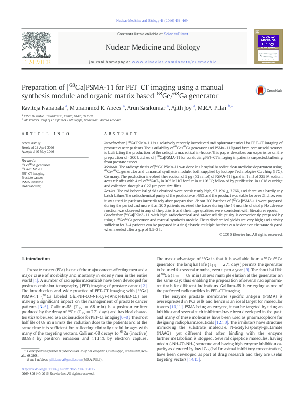 (PDF) Preparation of [ 68 Ga]PSMA-11 for PET–CT imaging using a manual ...