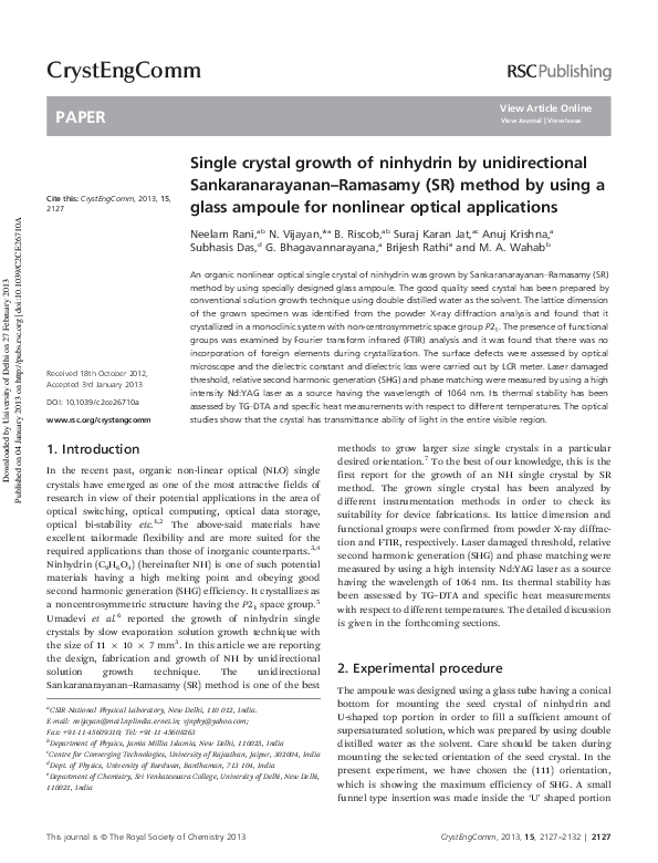 (PDF) Single crystal growth of ninhydrin by unidirectional ...