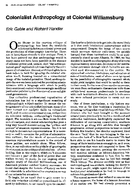 (PDF) Colonialist Anthropology at Colonial Williamsburg
