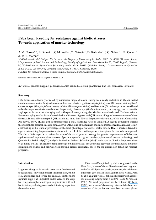 (PDF) Faba bean breeding for resistance against biotic stresses: Towards application of marker ...
