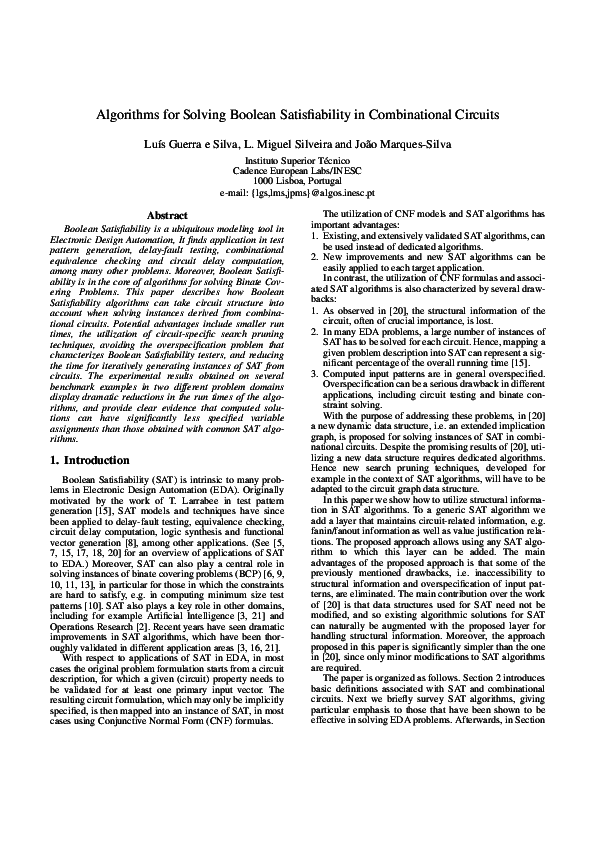 Pdf Algorithms For Solving Boolean Satisfiability In Combinational Circuits Luis Silva