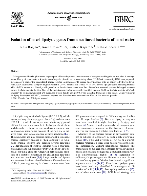 (PDF) Isolation of novel lipolytic genes from uncultured bacteria of pond water