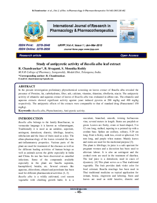 (PDF) Study of antipyretic activity of Basella alba leaf extract