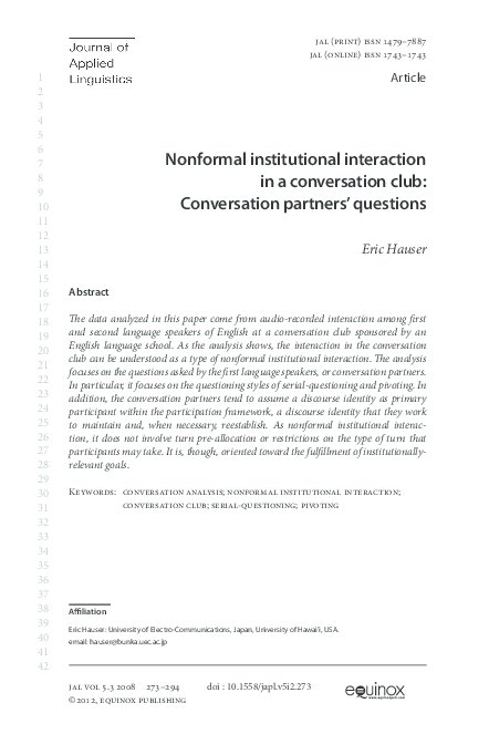 (PDF) Nonformal Institutional Interaction in a Conversation Club ...