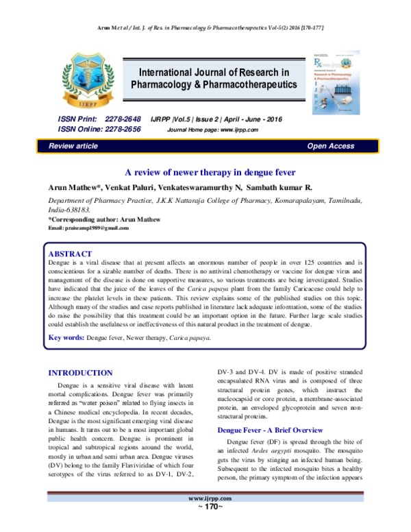(PDF) A review of newer therapy in dengue fever