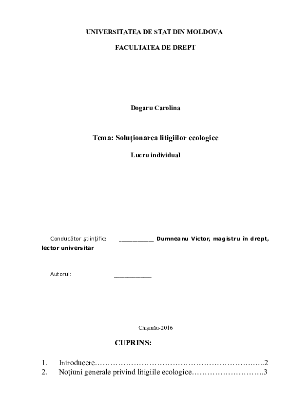 (DOC) Tema: Soluționarea litigiilor ecologice Lucru individual