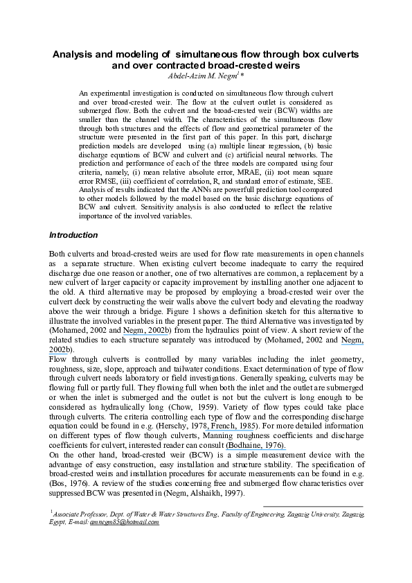 (PDF) Analysis and modeling of simultaneous flow through box culverts and over contracted broad ...