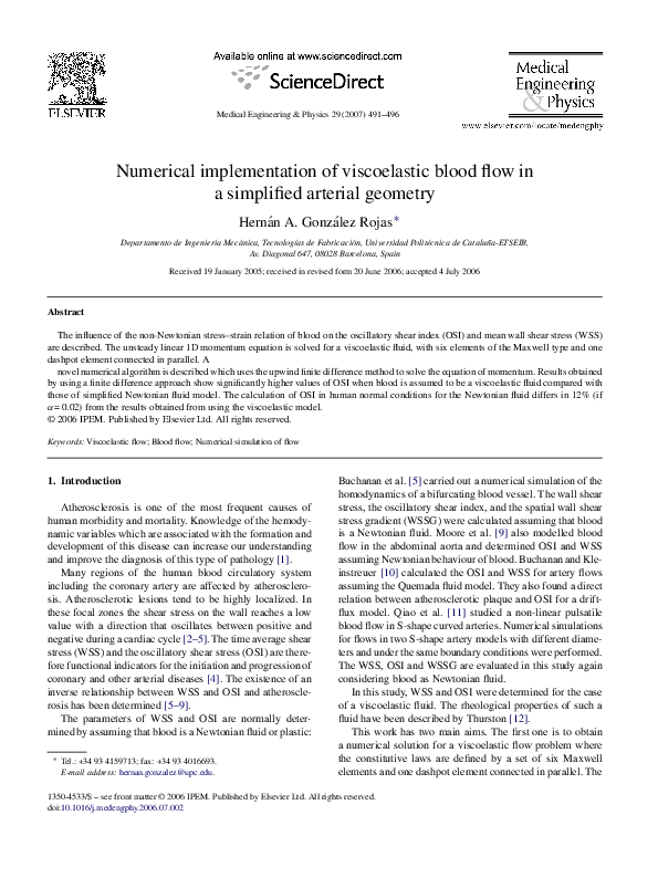 (PDF) Numerical implementation of viscoelastic blood flow in a simplified arterial geometry