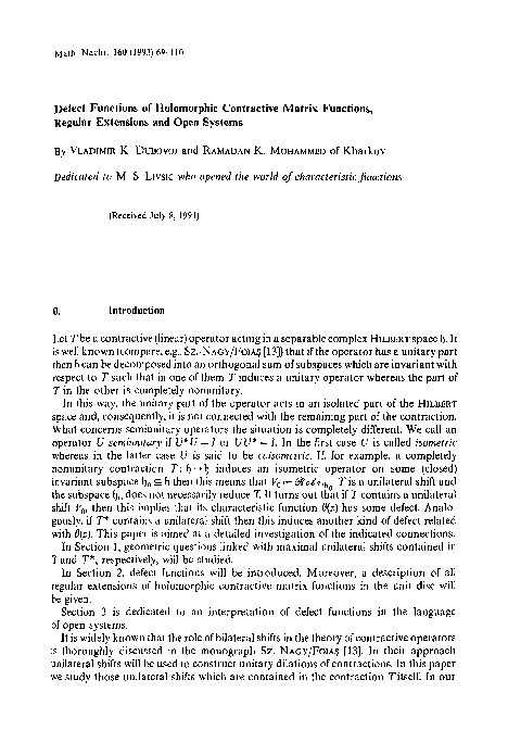 (PDF) Defect Functions of Holomorphic Contractive Matrix Functions, Regular Extensions and Open ...