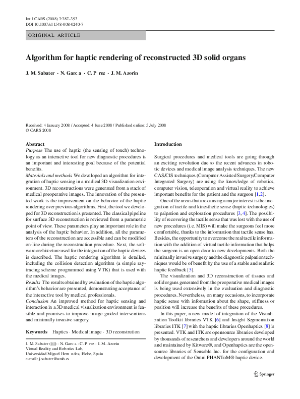 Pdf Algorithm For Haptic Rendering Of Reconstructed 3d Solid Organs