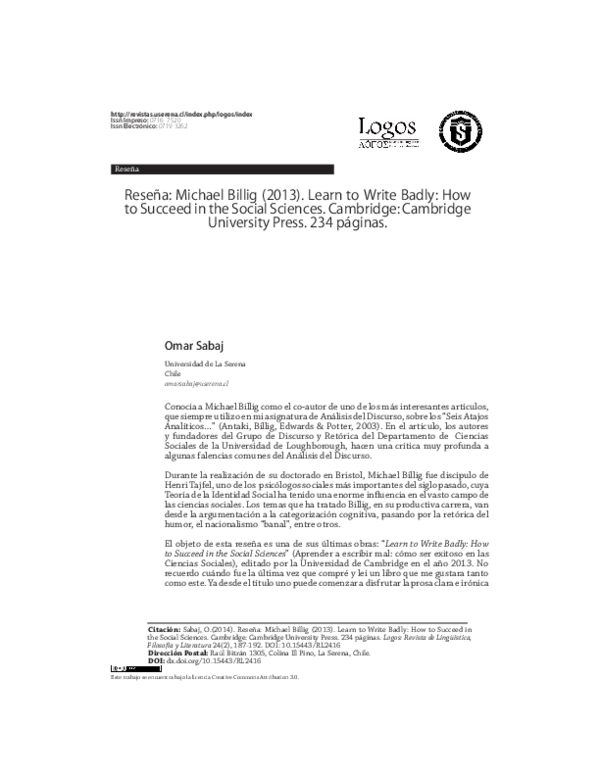 (PDF) Reseña: Michael Billig (2013). Learn to Write Badly: How to ...