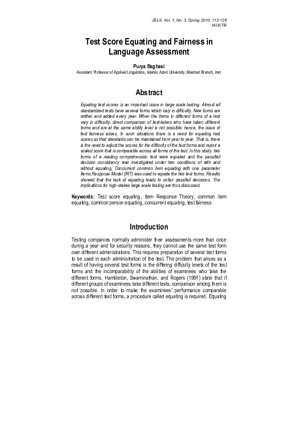 (PDF) Test Score Equating and Fairness in Language Assessment