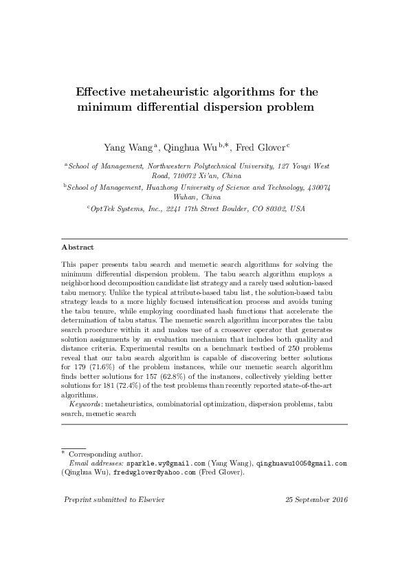 Pdf Effective Metaheuristic Algorithms For The Minimum Differential Dispersion Problem