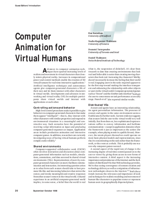 Pdf Guest Editors Introduction Computer Animation For Virtual Humans
