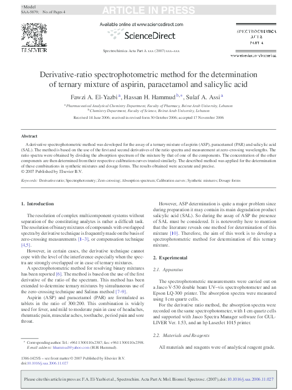 Pdf Derivative Ratio Spectrophotometric Method For The Determination Of Ternary Mixture Of