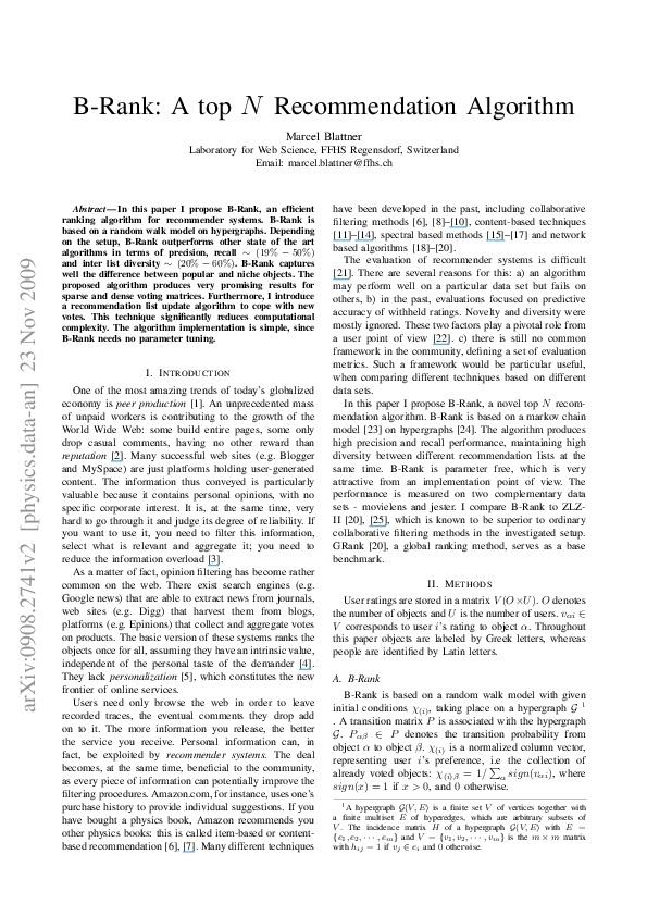 (PDF) BRank: A top N Recommendation Algorithm