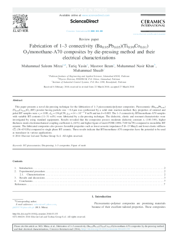 (PDF) Fabrication of 1–3 connectivity (Ba0.95Pb0.05)(Ti0.99Co0.01)O3 ...