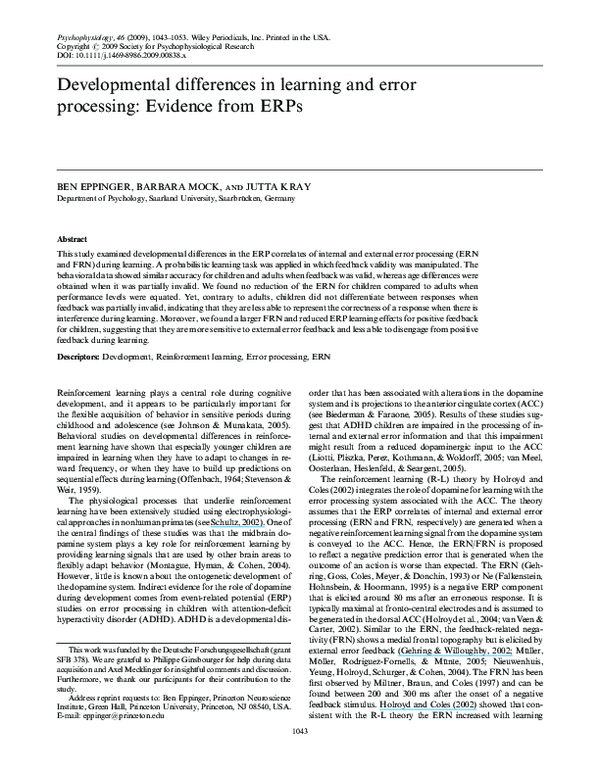 (PDF) Developmental differences in learning and error processing: Evidence from ERPs | Jutta ...