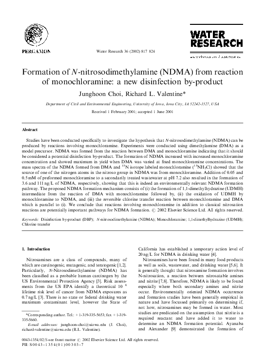 (PDF) Formation of Nnitrosodimethylamine (NDMA) from reaction of ...