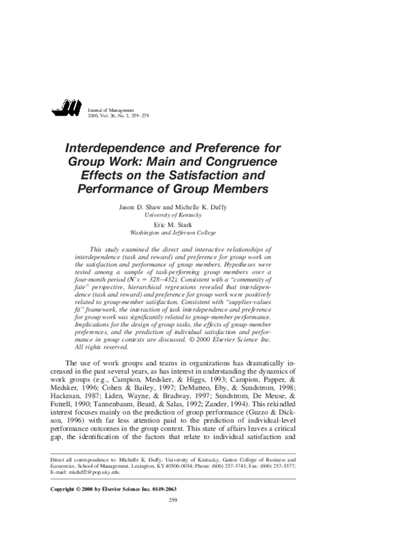 (PDF) Interdependence and Preference for Group Work: Main and Congruence Effects on the ...