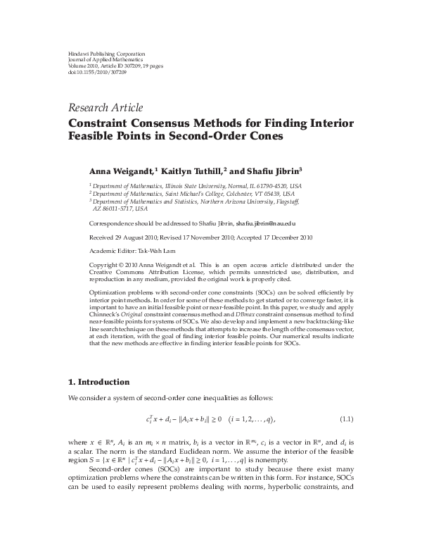 (PDF) Constraint Consensus Methods for Finding Interior Feasible Points in Second-Order Cones