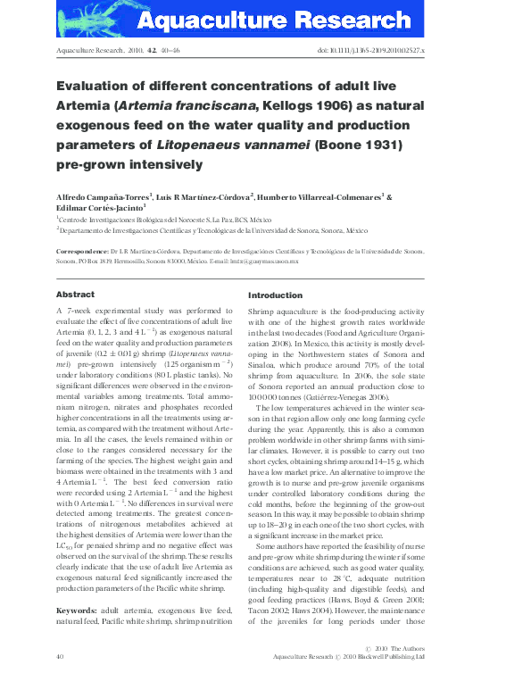 (PDF) Replacement of Artemia spp. with zooplankton in Penaeus vannamei larviculture | Lino Nieto ...