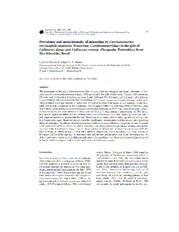 (PDF) Prevalence and mean intensity of infestation by Carcinonemertes ...