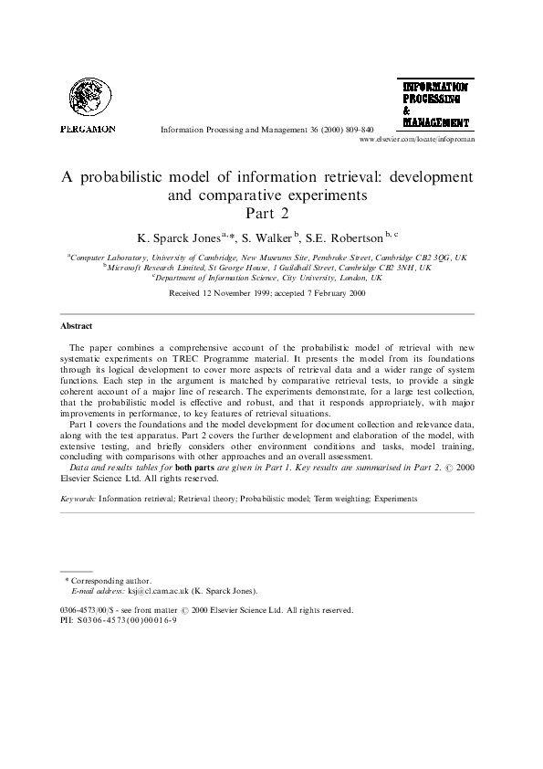 (PDF) A probabilistic model of information retrieval: development and ...